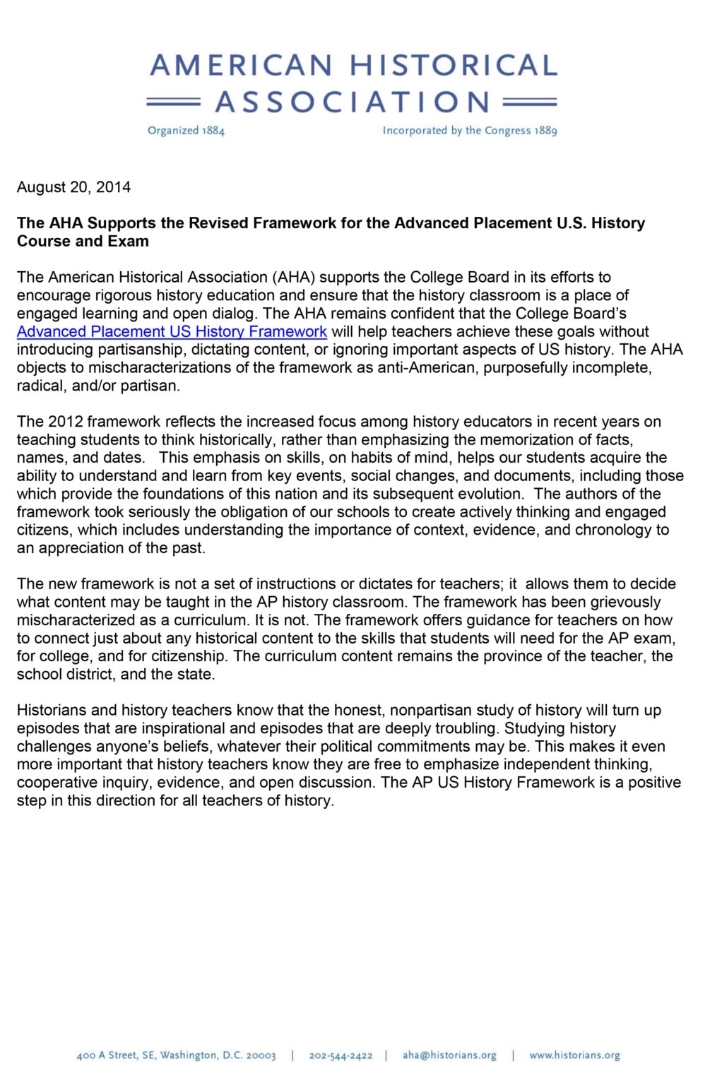 The AHA Supports the Revised Framework for the US AP History Exam – AHA