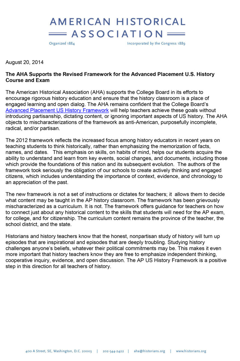 The AHA Supports the Revised Framework for the US AP History Exam – AHA
